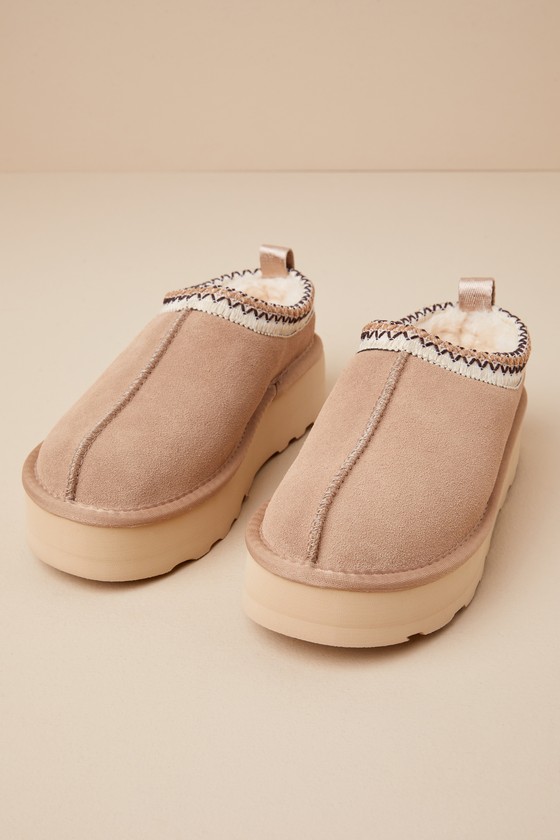 Taupe Flatform Slippers - Embroidered Slippers - Suede Slippers - Lulus