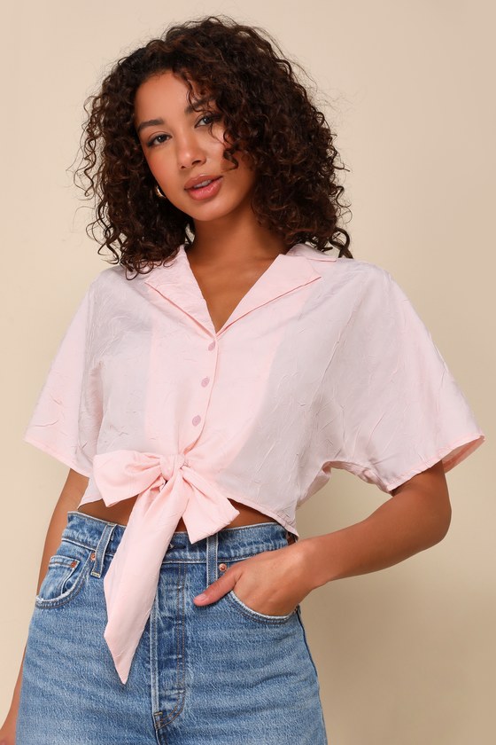Pink Crinkled Top - Tie-Front Cropped Top - Cute Button-Up Top - Lulus
