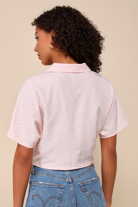 Pink Crinkled Top - Tie-Front Cropped Top - Cute Button-Up Top - Lulus