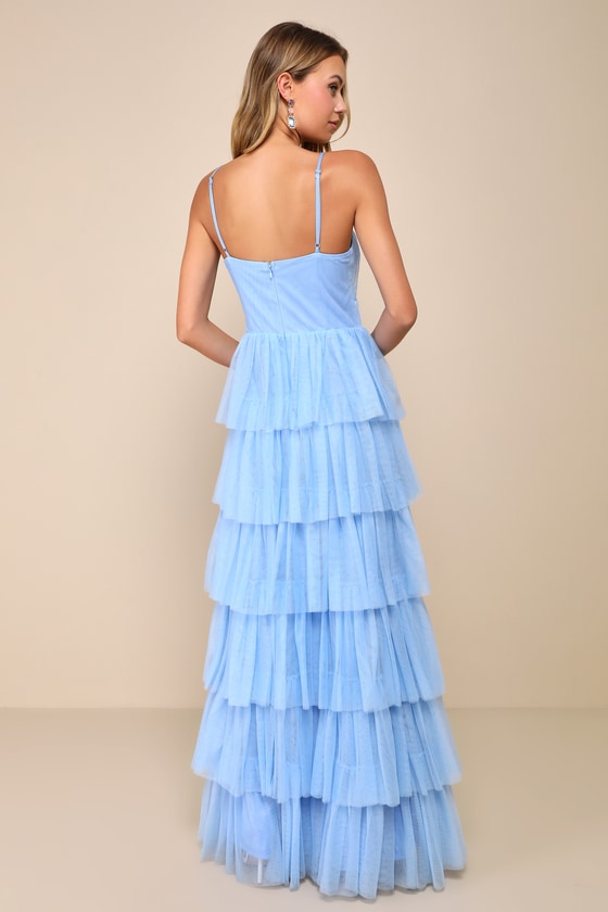 Light Blue Tulle Dress - Tiered Tulle Dress - Surplice Tulle Gown - Lulus