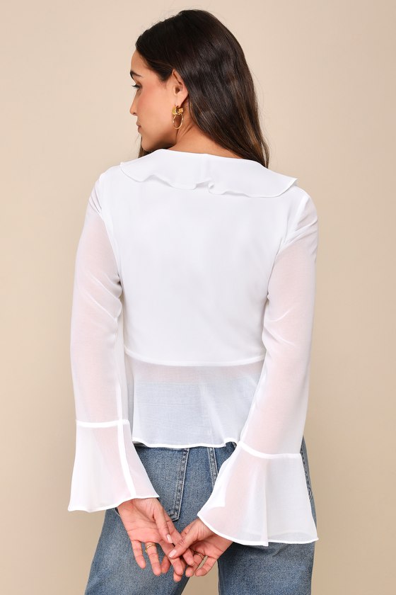 White Chiffon Ruffled Top - Long Sleeve Tie-Front Top - Y2K Top - Lulus