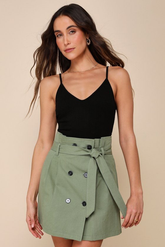 Olive Green Twill Skirt - Pleated Skirt - Button-Front Mini Skirt - Lulus