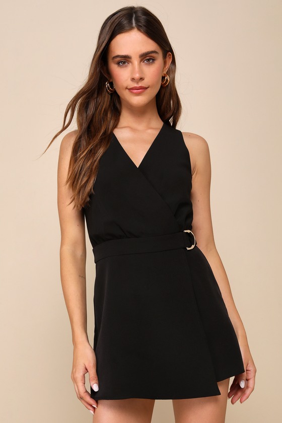 Black Faux-Wrap Romper - Skort Romper - Bachelorette Romper - Lulus