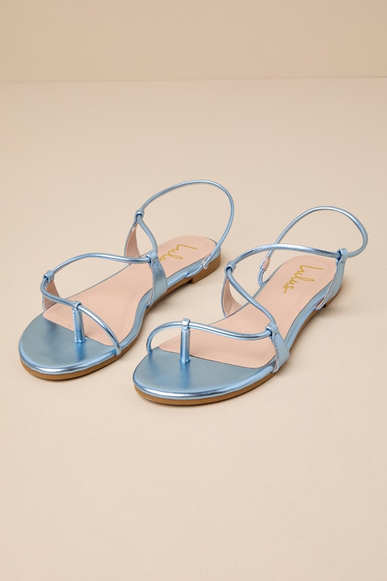 Blue Metallic Sandals - Slingback Sandals - Strappy Flat Sandals - Lulus