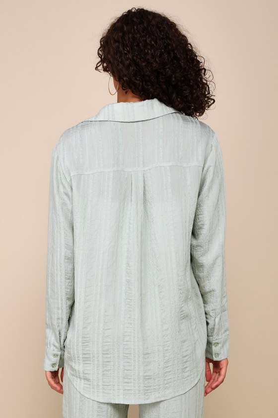 Green Striped Top - Textured Button-Up - Lightweight Collared Top - Lulus