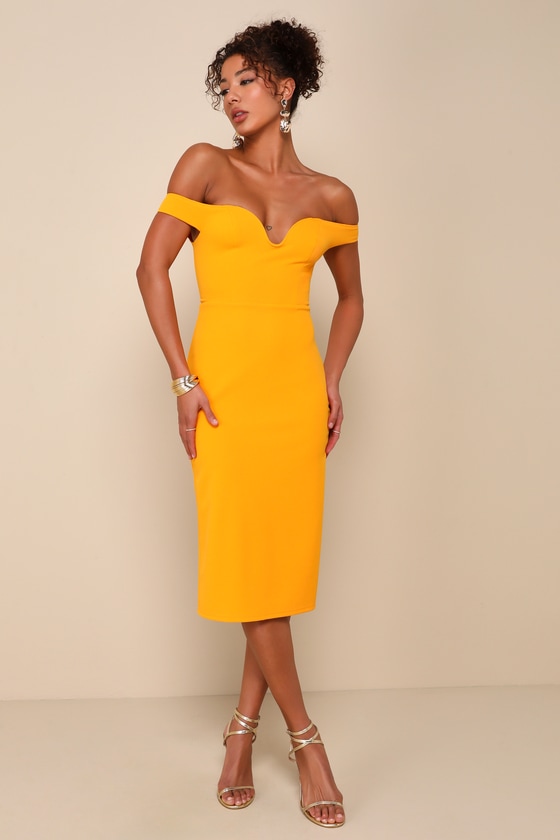Golden Yellow Dress - Off-The-Shoulder Dress - Bodycon Midi Dress - Lulus