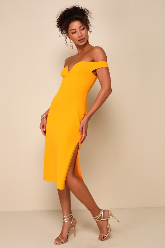 Golden Yellow Dress - Off-The-Shoulder Dress - Bodycon Midi Dress - Lulus
