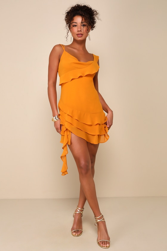 Yellow Mini Dress - Asymmetrical Ruffle Dress - Sleeveless Dress - Lulus