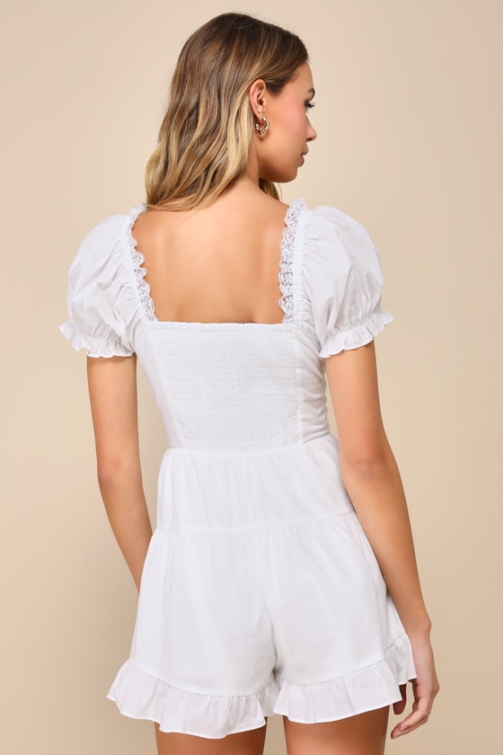 White Lace-Up Romper - Puff Sleeve Romper - Lacy Corset Romper - Lulus