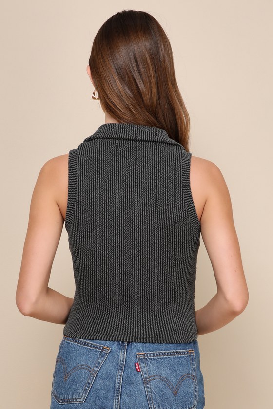 Charcoal Grey Ribbed Top - Button-Front Top - Collared Tank Top - Lulus