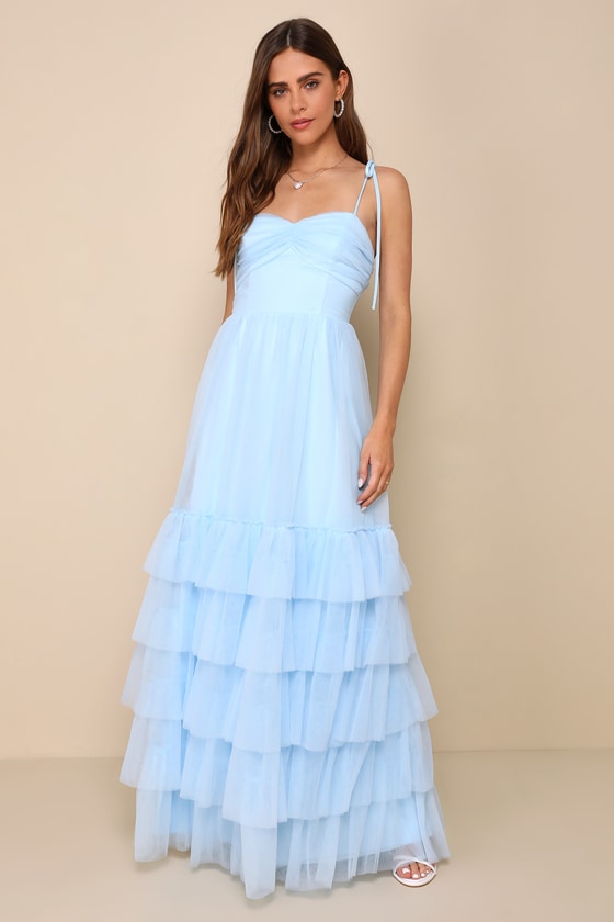 Light Blue Mesh Dress - Tiered Tie-Strap Dress - Mesh Maxi Dress - Lulus