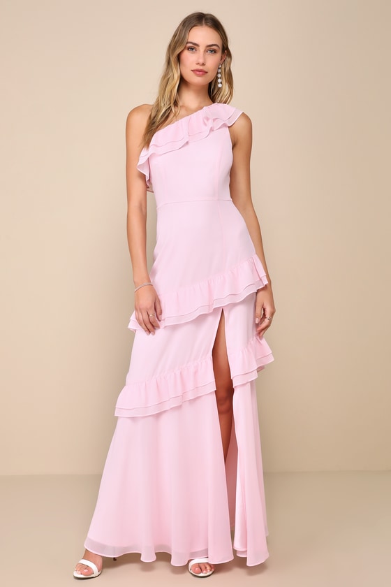 Light Pink Gown - One-Shoulder Maxi Dress - Ruffled Maxi Dress - Lulus