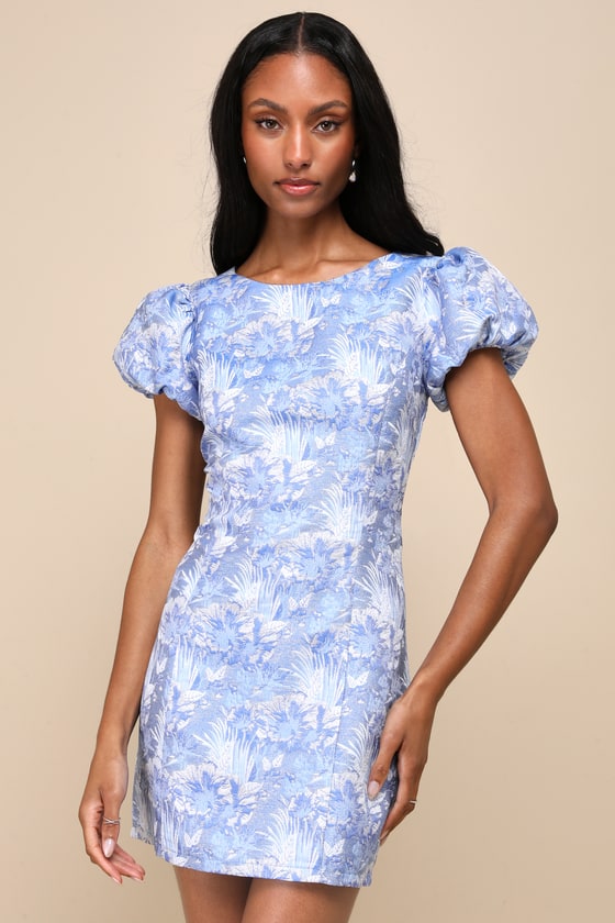 Blue Floral Jacquard Dress - Puff Sleeve Mini Dress - Shiny Dress - Lulus
