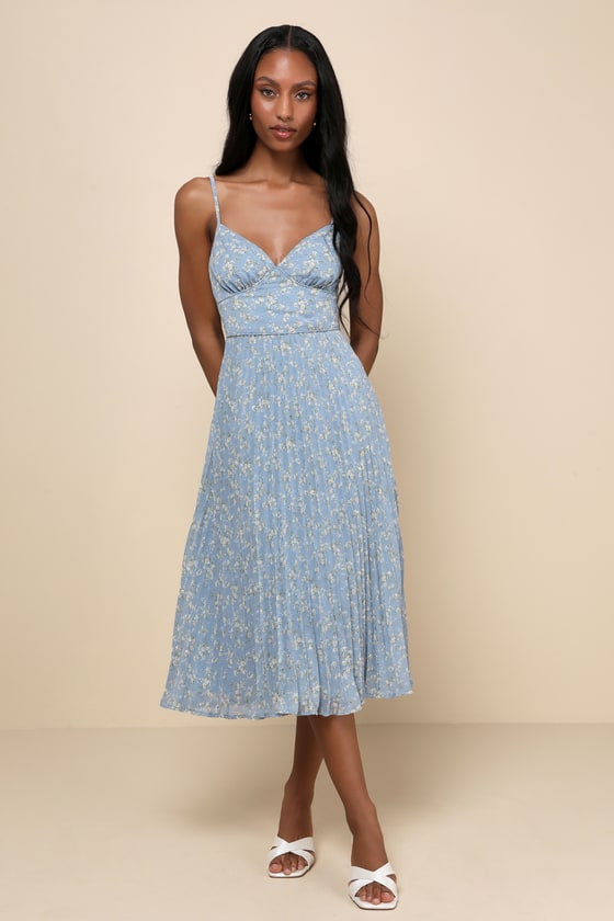 Light Blue Floral Dress - Pleated Dress - Swiss Dot Midi Dress - Lulus