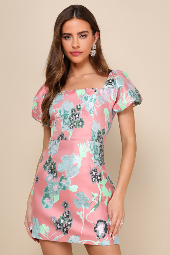 Coral Pink Floral Dress Jacquard Mini Dress Puff Sleeve Dress Lulus