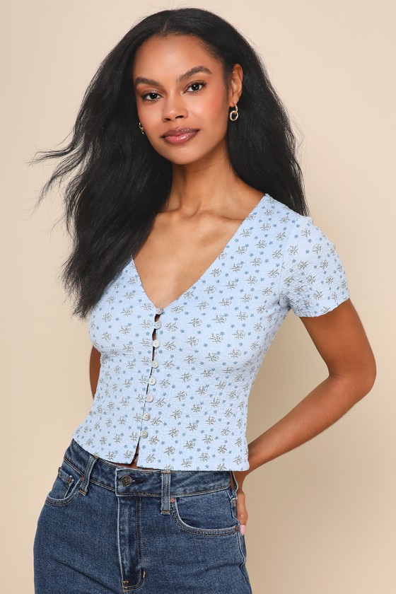 Blue Floral Print Top - Short Sleeve Top - Button-Front Top - Lulus