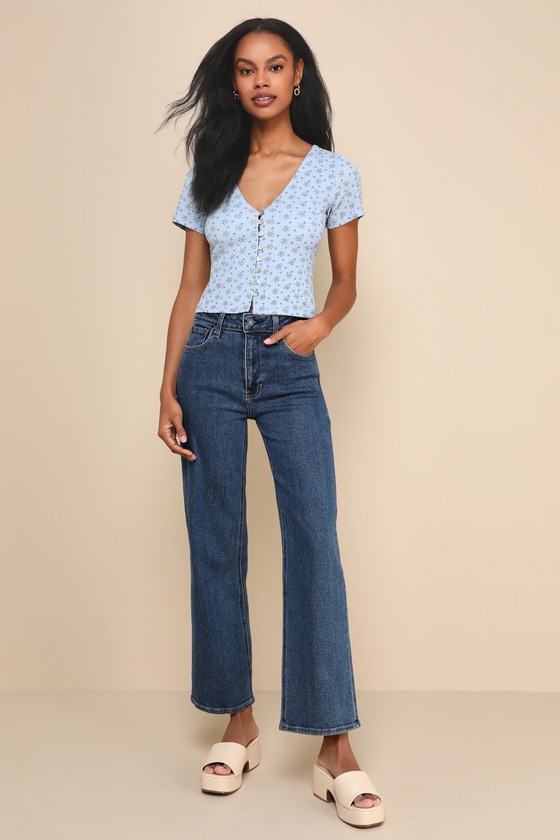 Blue Floral Print Top - Short Sleeve Top - Button-Front Top - Lulus