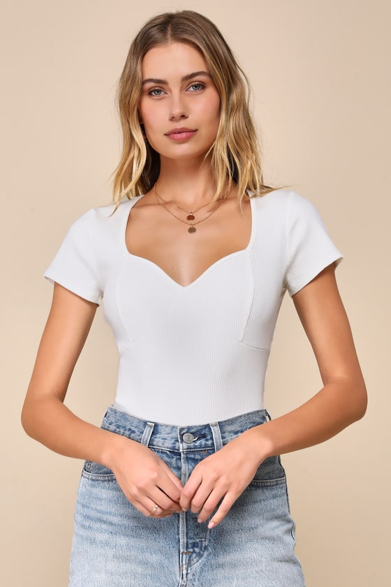 Cute Ivory Bodysuit - Ribbed Bodysuit - Short Sleeve Bodysuit - Lulus