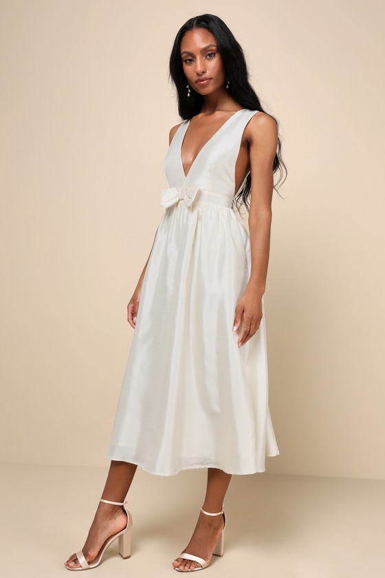 Cream Midi Dress - Plunging Neck Midi Dress - Cream Day Dress - Lulus