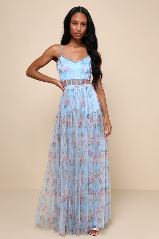 Blue Floral Dress - Mesh Tiered Maxi Dress - Bustier Maxi Dress - Lulus
