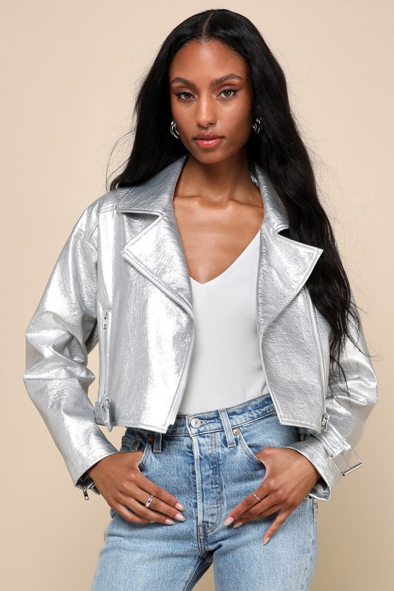Silver Metallic Jacket - Metallic Moto Jacket - Belt Moto Jacket - Lulus