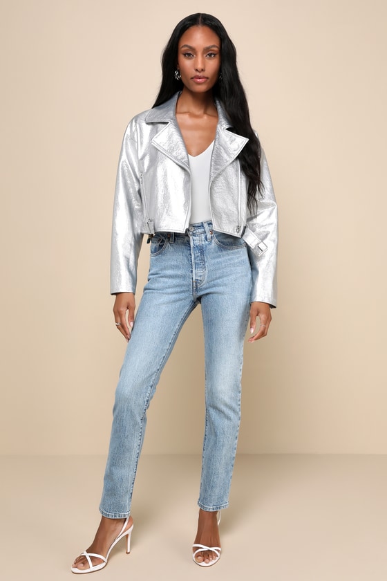Silver Metallic Jacket - Metallic Moto Jacket - Belt Moto Jacket - Lulus