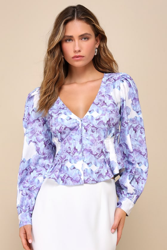 White and Blue Floral Top - Long Sleeve Top - Hook-and-Eye Blouse - Lulus