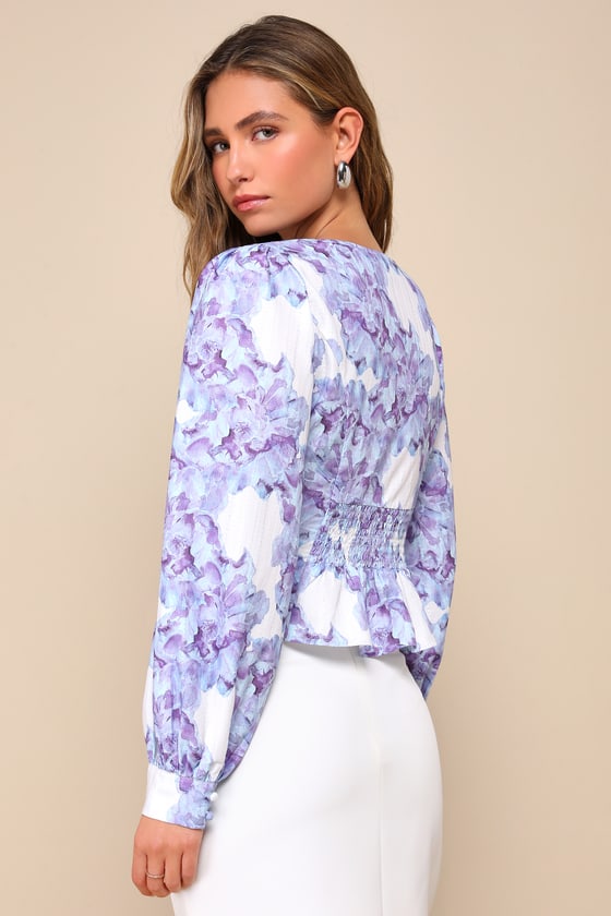White and Blue Floral Top - Long Sleeve Top - Hook-and-Eye Blouse - Lulus