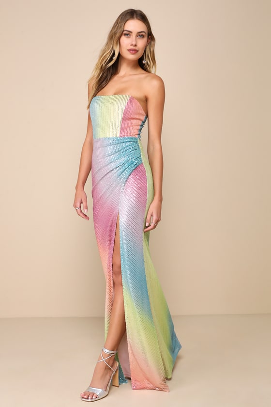 Rainbow Sequin Gown Rainbow Prom Dress Strapless Prom Dress Lulus