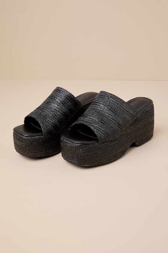 Black Raffia Sandals - Slide Sandals - Platform Raffia Sandals - Lulus