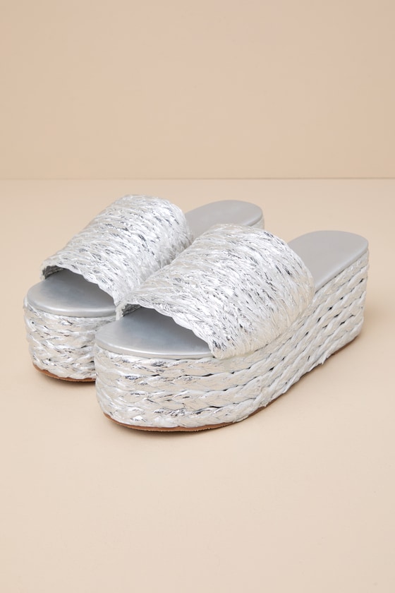 Silver Slide Sandals - Braided Raffia Sandals - Platform Sandals - Lulus