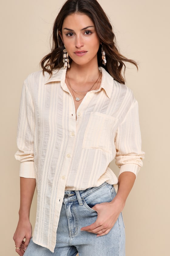 Cream Striped Top - Textured Button-Up - Lightweight Collared Top - Lulus