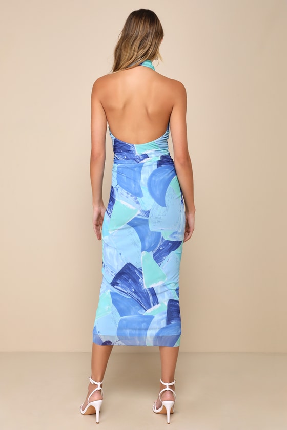 Blue Abstract Print Dress - Mock Neck Halter Dress - Mesh Midi - Lulus