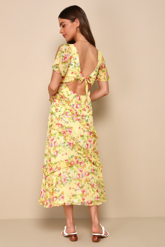 Yellow Floral Print Dress - Backless Midi Dress - Ruffled Dress - Lulus