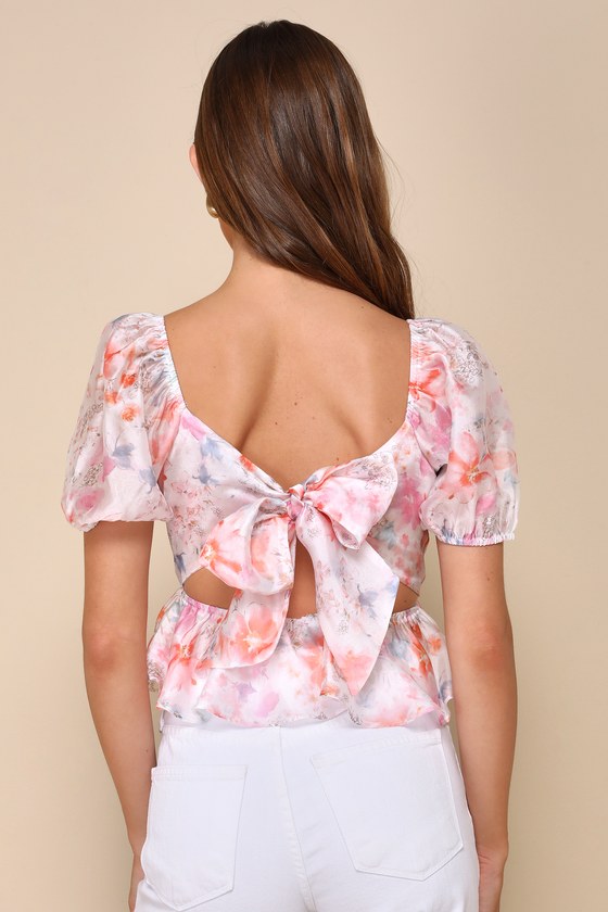 Ivory Floral Chiffon Top Backless Bustier Top Puff Sleeve Top Lulus