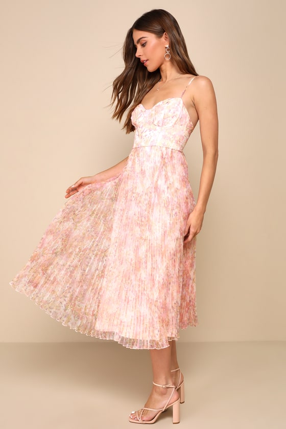 Pink Floral Midi Dress - Pleated Dress - Sleeveless Bustier Dress - Lulus