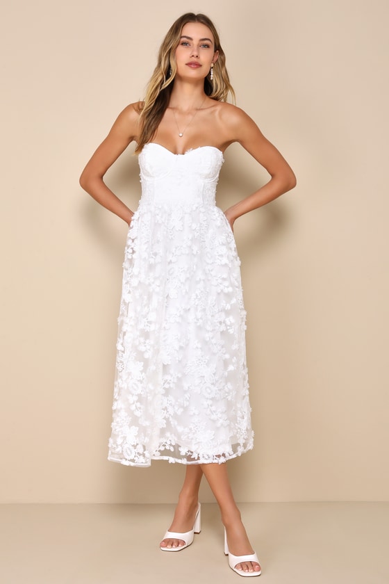 White Floral Embroidered Dress - Strapless Dress - Midi Dress - Lulus