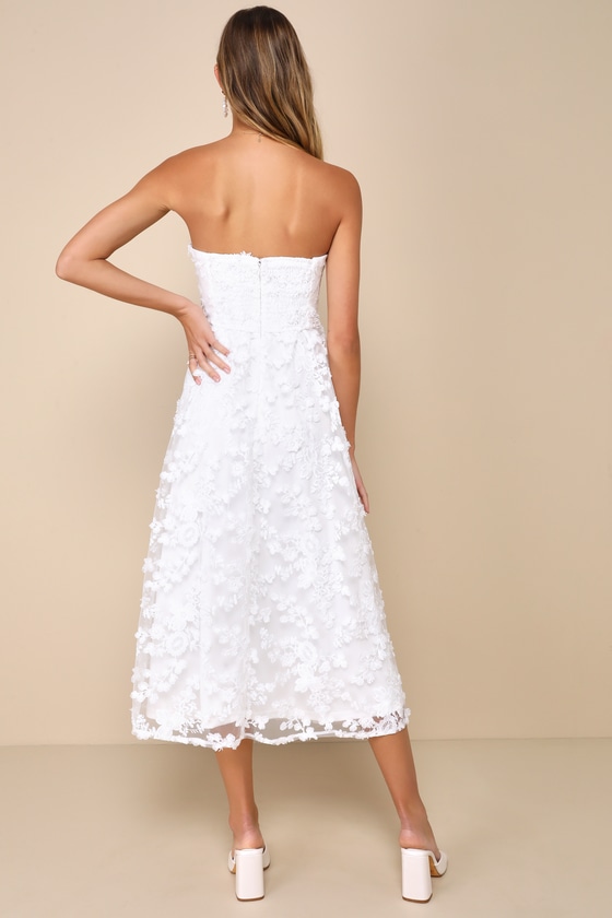 White Floral Embroidered Dress - Strapless Dress - Midi Dress - Lulus