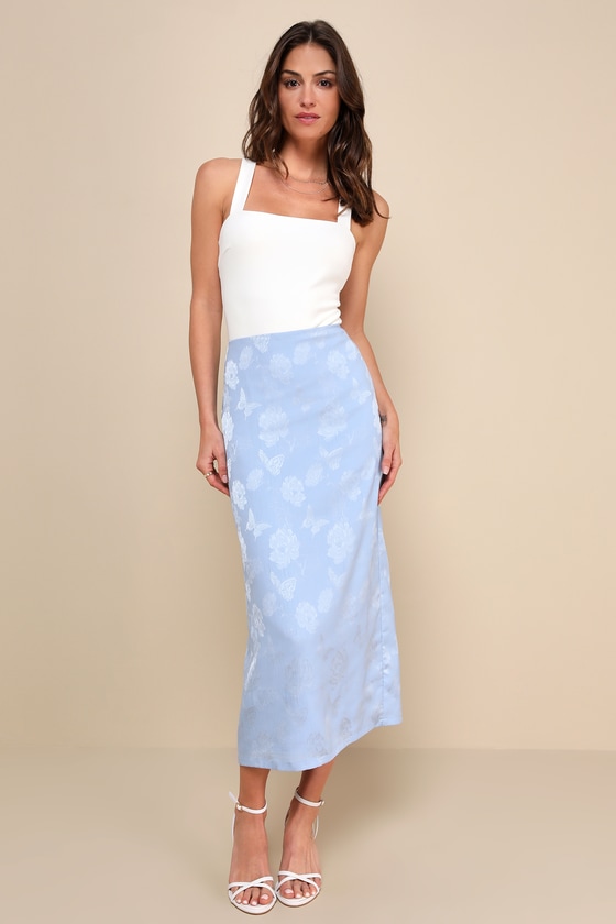 Light Blue Floral Skirt - Jacquard Midi Skirt - Crinkled Skirt - Lulus