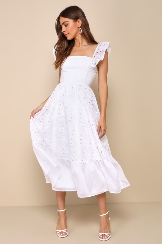 White Eylet Dress - Backless Ruffled Midi Dress - Tiered Dress - Lulus