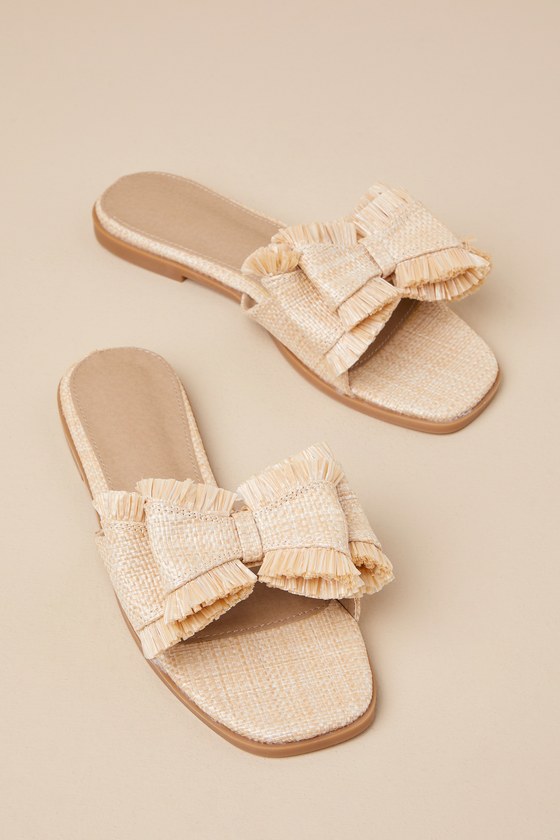 Natural Raffia Sandals - Woven Bow Sandals - Flat Slide Sandals - Lulus