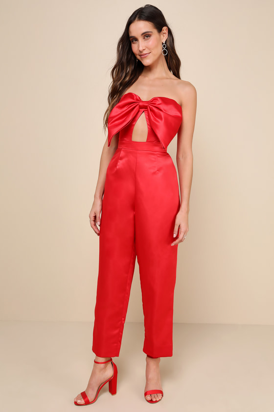 Red Satin Jumpsuit - Strapless Bow Jumpsuit - Tapered Jumpsuit - Lulus