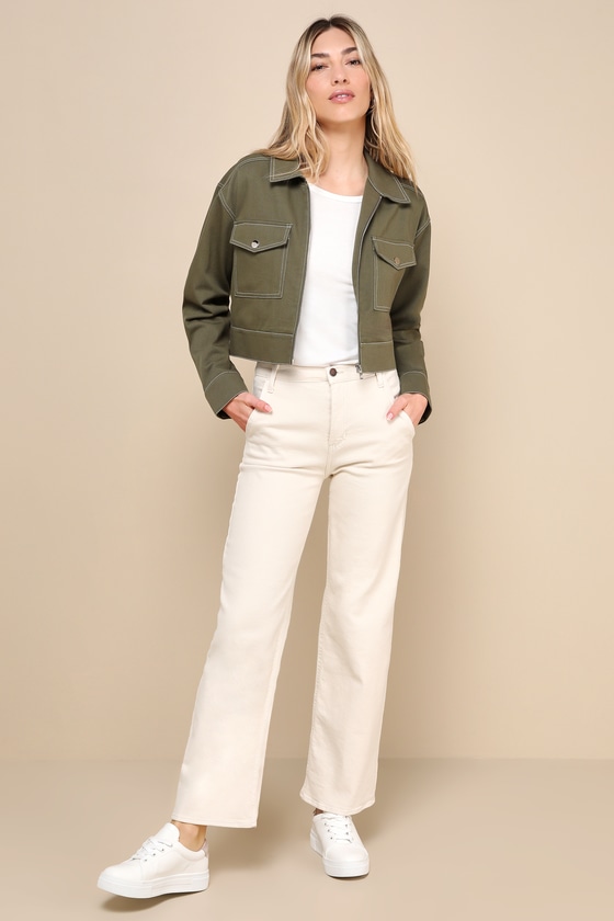 Olive Green Jacket - Collared Short Jacket - Cropped Twill Jacket - Lulus