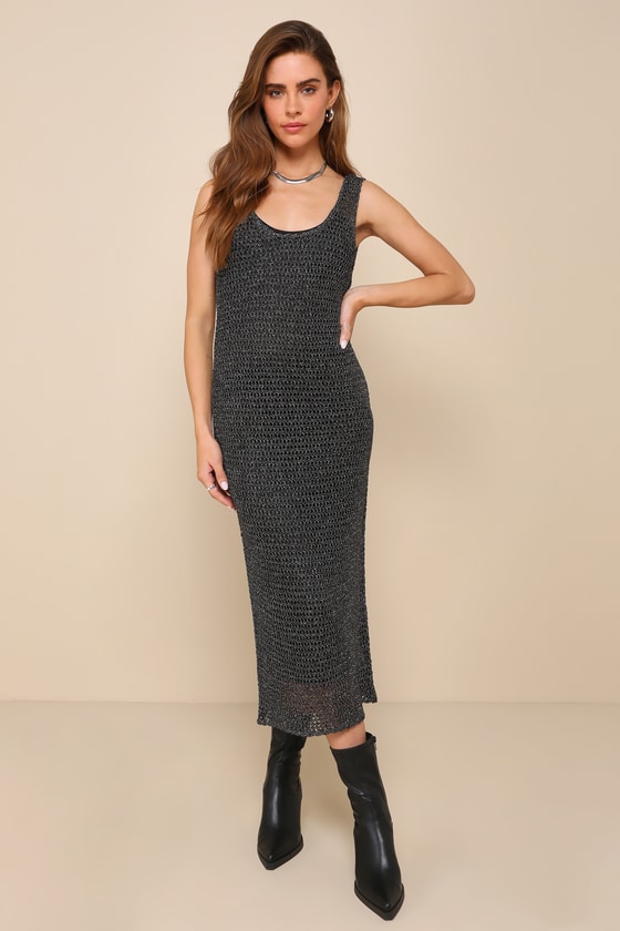 Shiny Black Lurex Dress - Sleeveless Dress - Crochet Midi Dress - Lulus