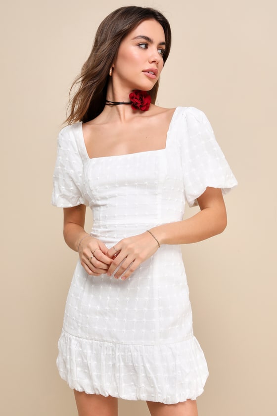 White Embroidered Dress - Lace-Up Mini Dress - Puff Sleeve Dress - Lulus