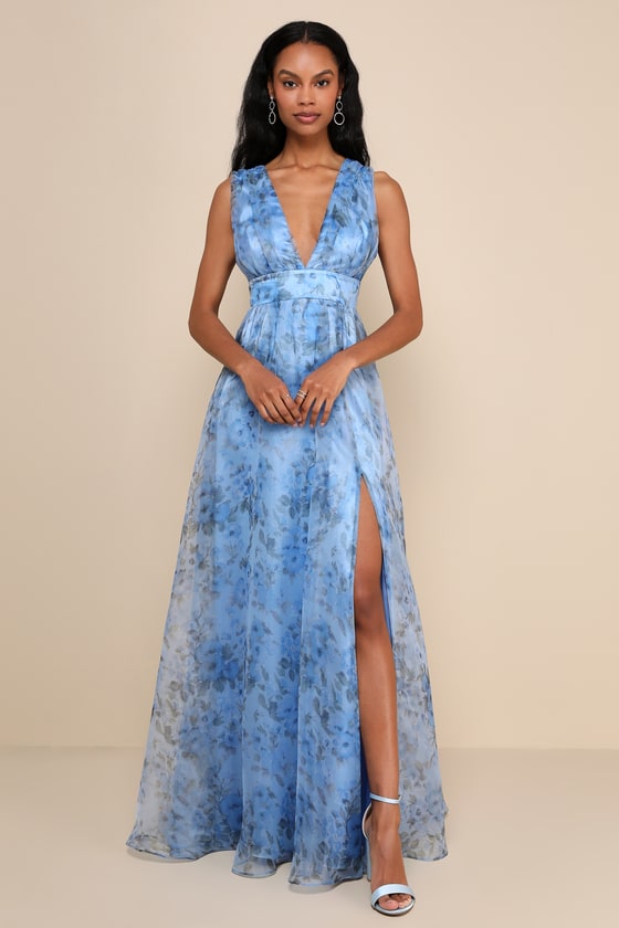 Blue Floral Print Dress - Organza Maxi Dress - Sleeveless Gown - Lulus
