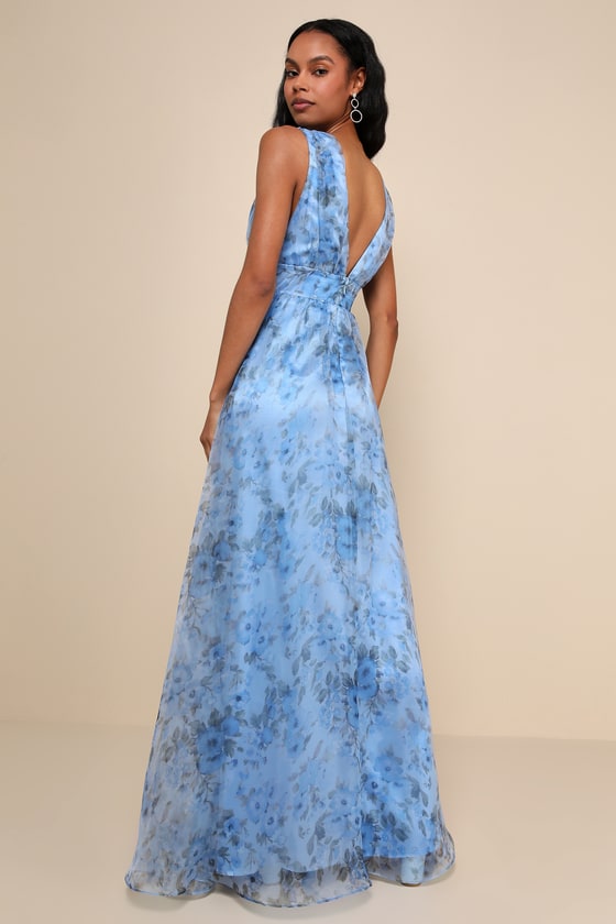 Blue Floral Print Dress - Organza Maxi Dress - Sleeveless Gown - Lulus