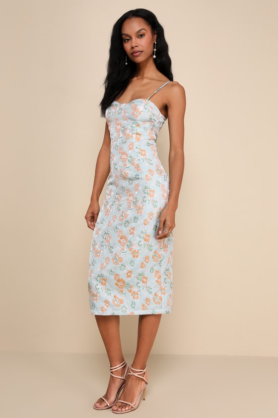 Light Blue Floral Dress - Bustier Dress - Jacquard Midi Dress - Lulus