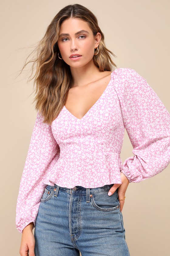 Cute Pink Floral Top - Lace-Up Top - Long Puff Sleeve Blouse - Lulus