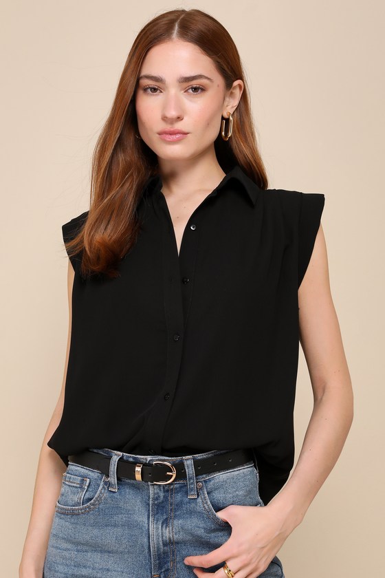 Black Collared Top - Sleeveless Top - Button-Up Top - Lulus